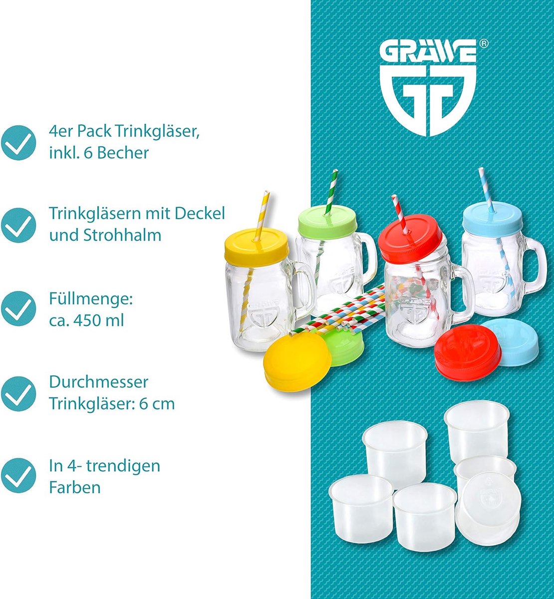 Drinkglas met deksel en rietje incl. 6 bekers, 4-delige set drinkglazen ...