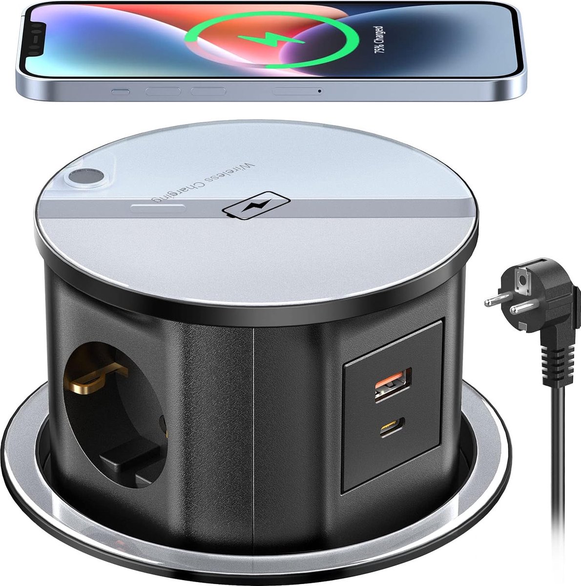 Ohuo - Intrekbare Serie - 3-Voudig Stopcontact - USB C 15W Draadloze ...