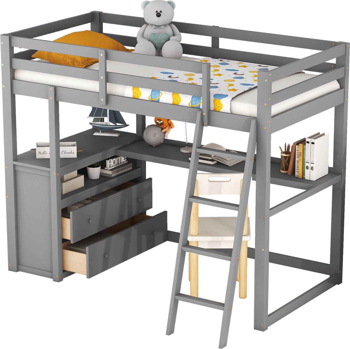 Merax Hoogslaper met Bureau en Opbergruimte - Bed voor Kinderen - Grijs ...