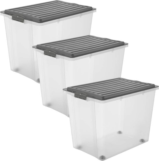 Compact Storage Box 70 L with Lid and Wheels, Set of 3 | bol