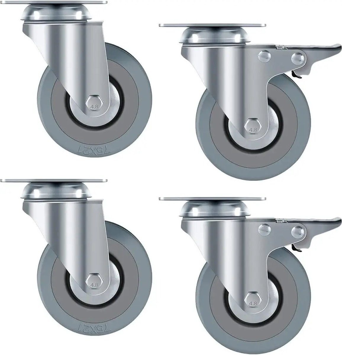 Set van 4 zwenkwielen voor meubels Ø75mm, meubelrol GREYROLL, grijs, 2 ...