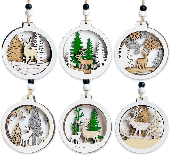 Kerst hout Ornamenten, 6 Stuks Kerstboom Rendieren Hangers Ornamenten met Twine,... | bol