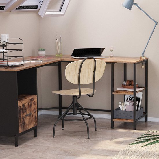 L-vormige computertafel in vintage bruin-zwart met veel opbergruimte | bol