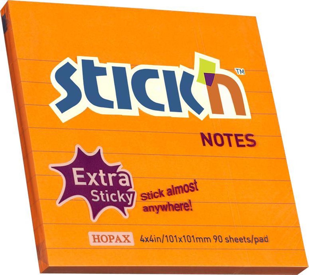 Stick'n sticky notes - 101x101mm, extra sticky, neon oranje, gelinieerd ...