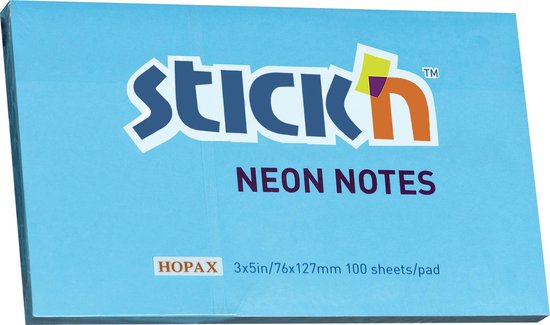 Stick'n Sticky Notes - 76x127mm - Neon Blauw - 100 Memoblaadjes | bol