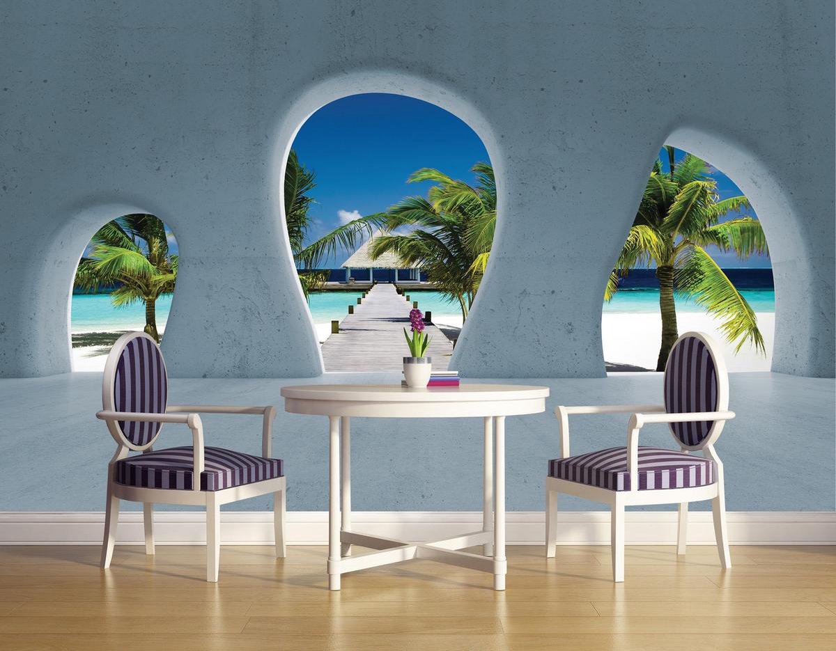 Fotobehang - Vlies Behang - 3D Malediven door de Betonnen Ramen - 312 x ...