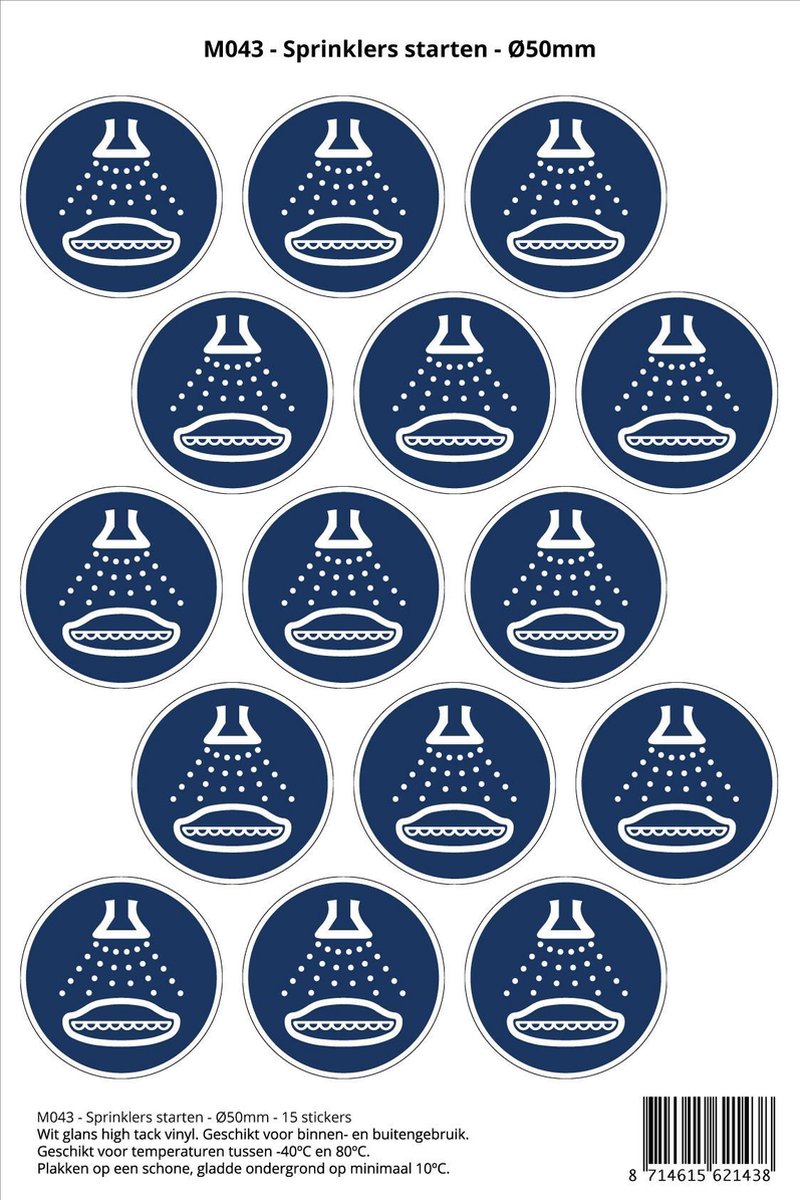 Pictogram sticker M043 - Sprinklers starten - Ø50 mm - 15 stickers op 1 ...