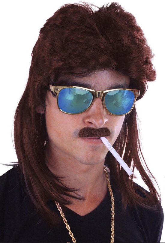 KIMU Mullet Pruik Bruin Matje - New Kids 80's Rocker Redneck Eighties ...