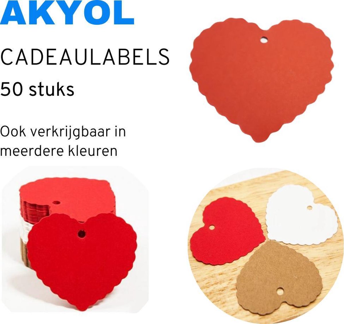 Akyol - 50x Cadeaulabels kraftpapier/karton Hart Rood - 6x6cm - Label ...