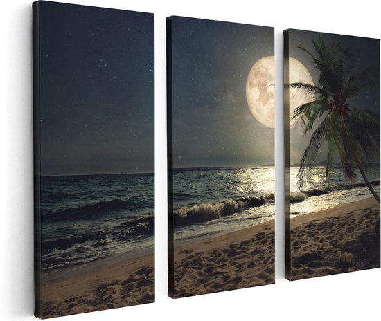 Artaza Canvas Schilderij Drieluik Tropisch Strand In De Nacht Met Volle Maan - 120x80... | bol