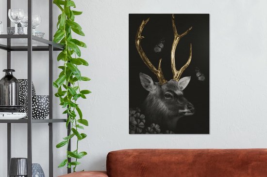 Canvas Schilderij Hert - Vlinder - Gewei - Goud - 60x90 cm ...
