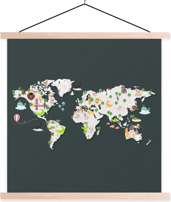 Textielposter - Wereldkaart Kinderen - Illustraties - Kleuren - 120x120 ...
