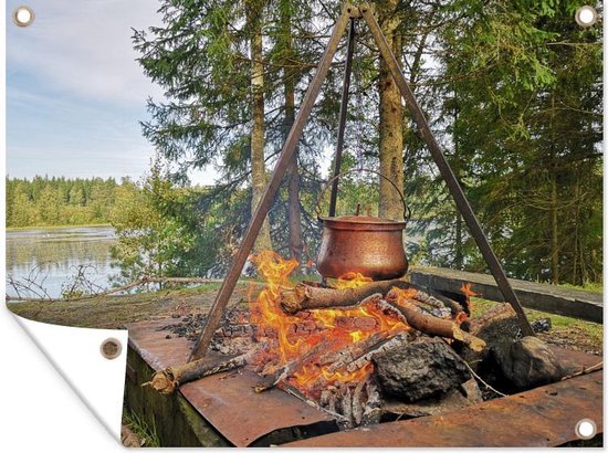 Muurdecoratie buiten Kampvuur met bruine kookpot in het bos - 160x120 ...