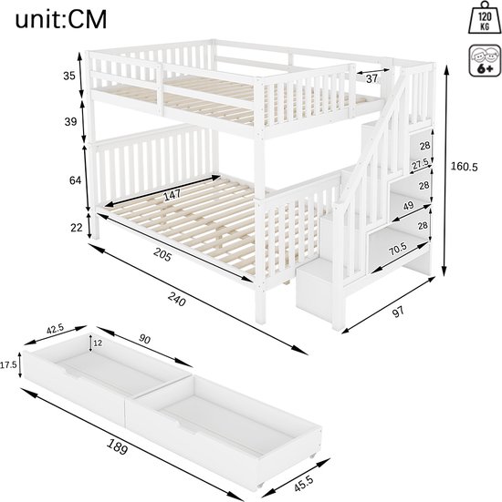 KOMHTOM Stapelbed Kinderbed 140x200 cm met trap en twee laden met hoge ...