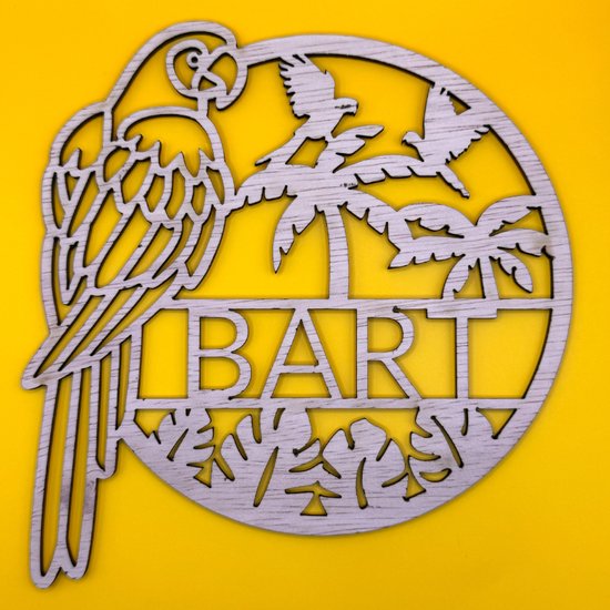 Naambordje van hout met naam - design papegaai en palmbomen - 15,5 x 16 ...