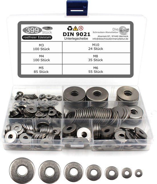 399-delige set van sluitringen volgens DIN 9021 / ISO 7093 standaard roestvrij staal... | bol