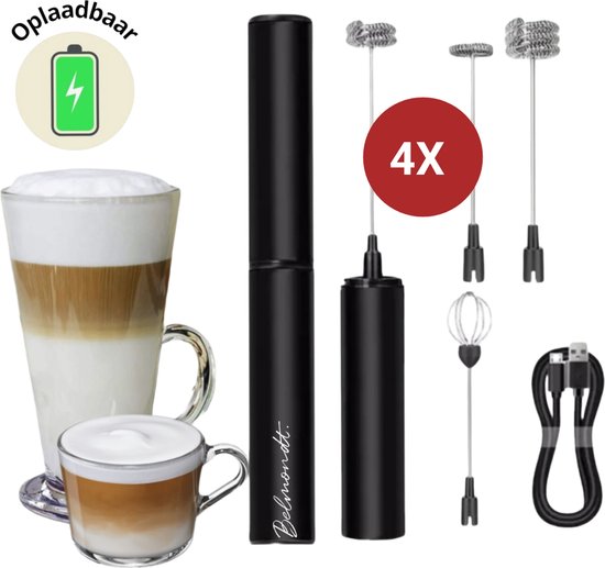 BELMONDT© Elektrische Melkopschuimer - USB oplaadbaar- 4 opzetstukken-Zwart | bol