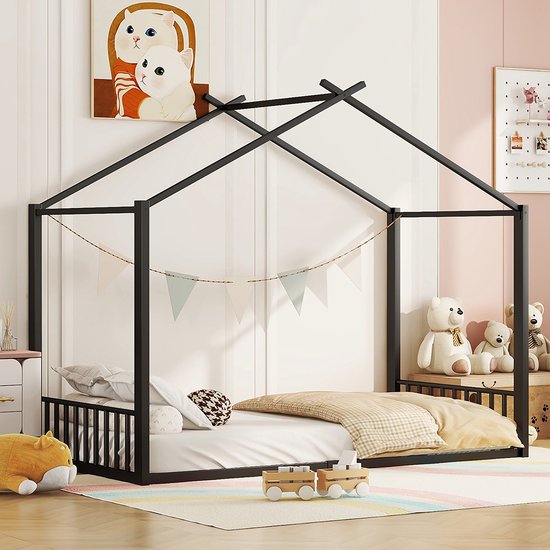 KOMHTOM Kinderbed Bed 90x200 cm Kajuitbed met ijzeren frame House rail ...