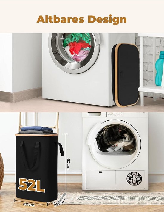 Smalle wasmand met deksel 52 liter - Opvouwbare bamboe wasmand met waszak en... | bol