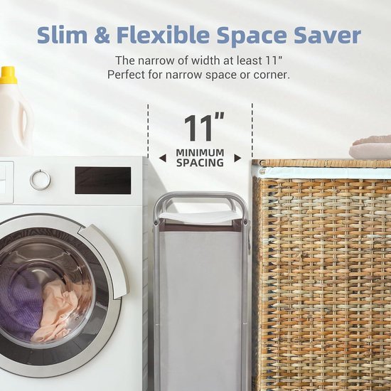 Slanke wasmand met deksel - 85 liter - wasmand met wielen - wassorteerder - smal - grijs | bol