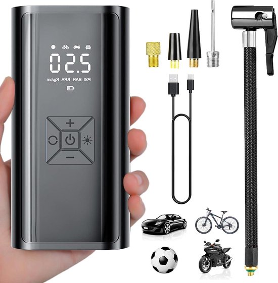 Luchtpomp met 6000 mAh accu - Elektrisch - Draadloze fietspomp - 150 psi - LCD-display... | bol