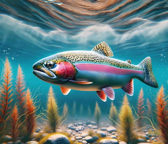 Vis Schilderij ‘Colorful Rainbow Trout’ 70 x 60 cm Forel Regenboogforel ...