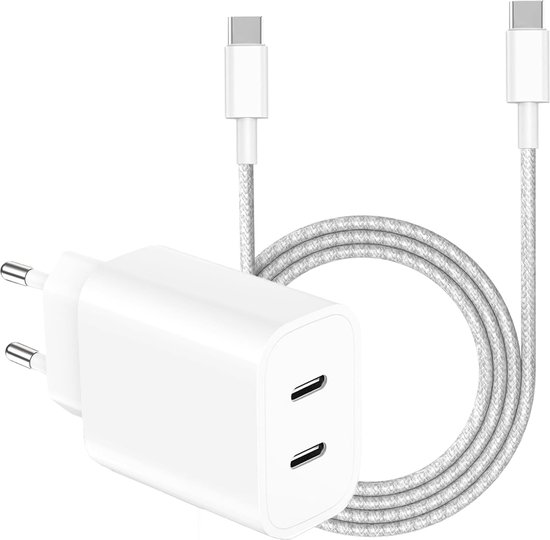 USB C Lader 2 Poorten + Sterke USB-C Kabel - 1 Meter - 35W Snellader ...
