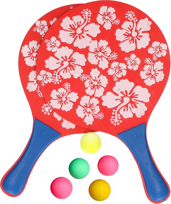 Summertime Beachball set - hout - rood - strand sport speelset - met 5x ...