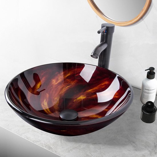 Glazen waskom opbouw rood bruin glas met design Waterkraan | bol