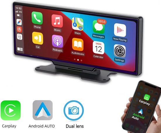Navigatiesysteem Auto - Carplay scherm - 10 Inch - 4K Dashcam - Achteruitrijcamera -... | bol
