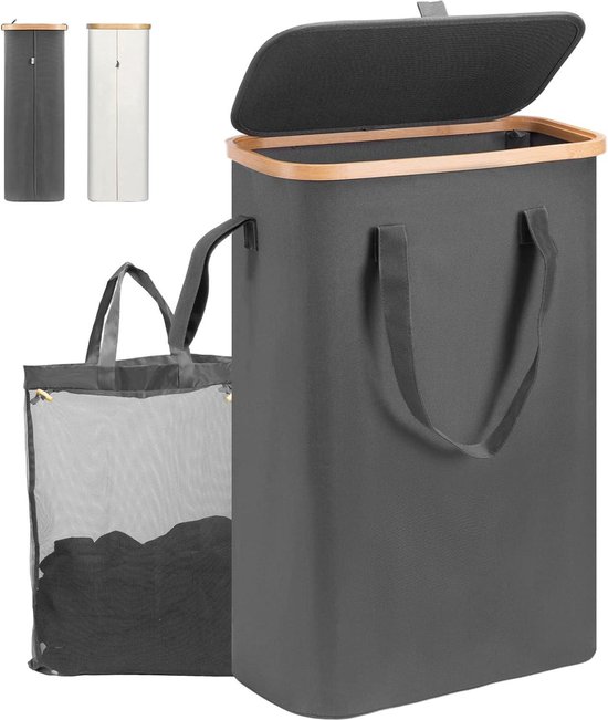 Smalle wasmand met deksel - 52 liter - Bamboe - Grijs - Voor appartement, thuis en caravan | bol