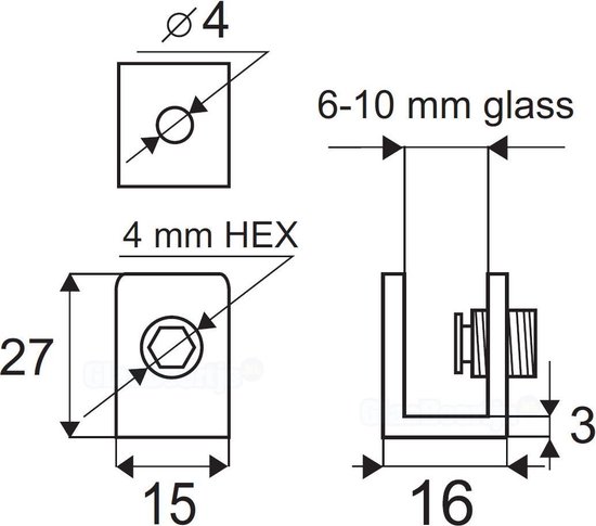 Glasplaatdrager 15 x 16 x 27 mm, voor glasdikte 6 t/m 10 mm, Aluminium ...