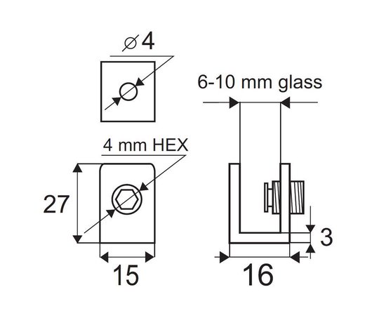 Glasplaatdrager 15 X 16 X 27 Mm Chroom Per 4 Stuks Voor Glasdikte 