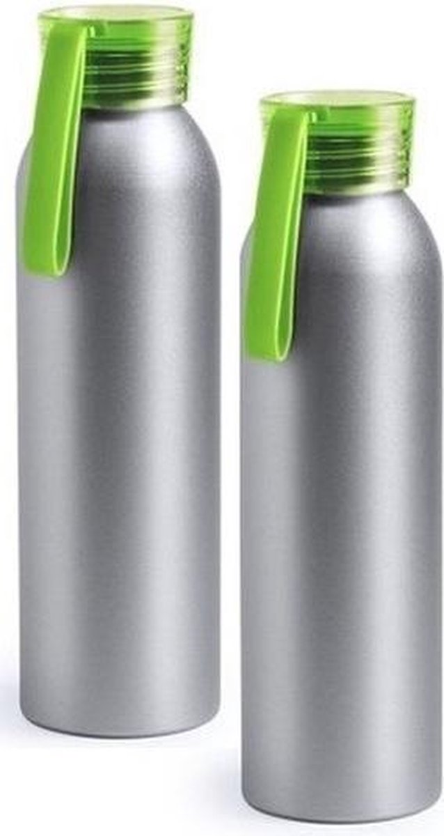 2x Aluminium drinkfles/waterfles met groene dop 650 ml - Sportfles ...