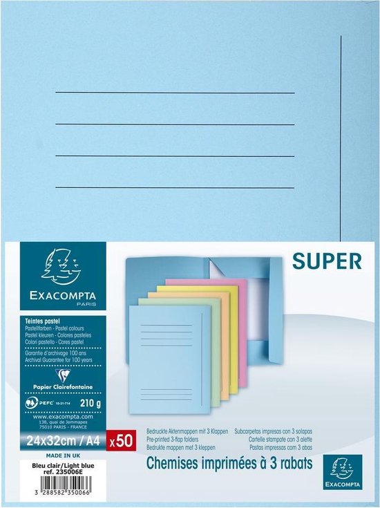 SUPER 210 Pak van 50 dossiermappen met 3 kleppen. 24x32cm, Lichtblauw ...
