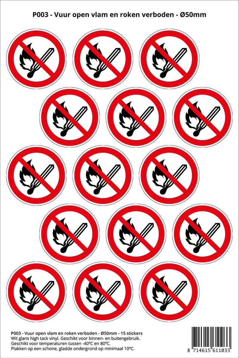 Pictogram sticker P003 - Vuur open vlam en roken verboden - Ø 50mm - 15 ...