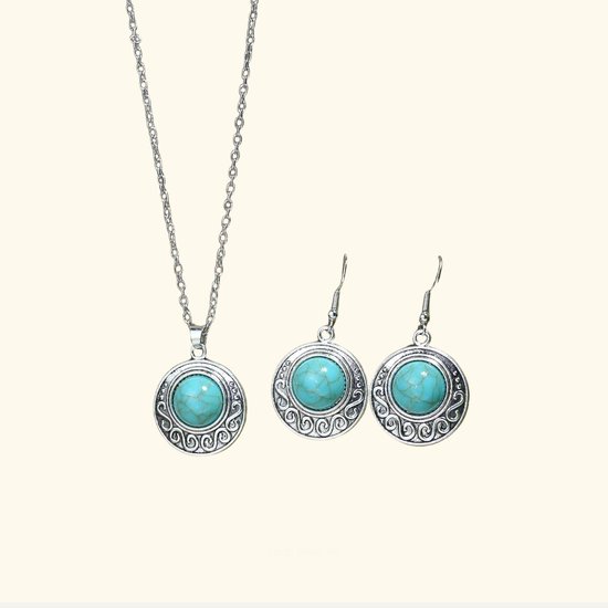 Elegante Ronde Turkoois Sieradenset met Zilveren Ketting van Takish ...