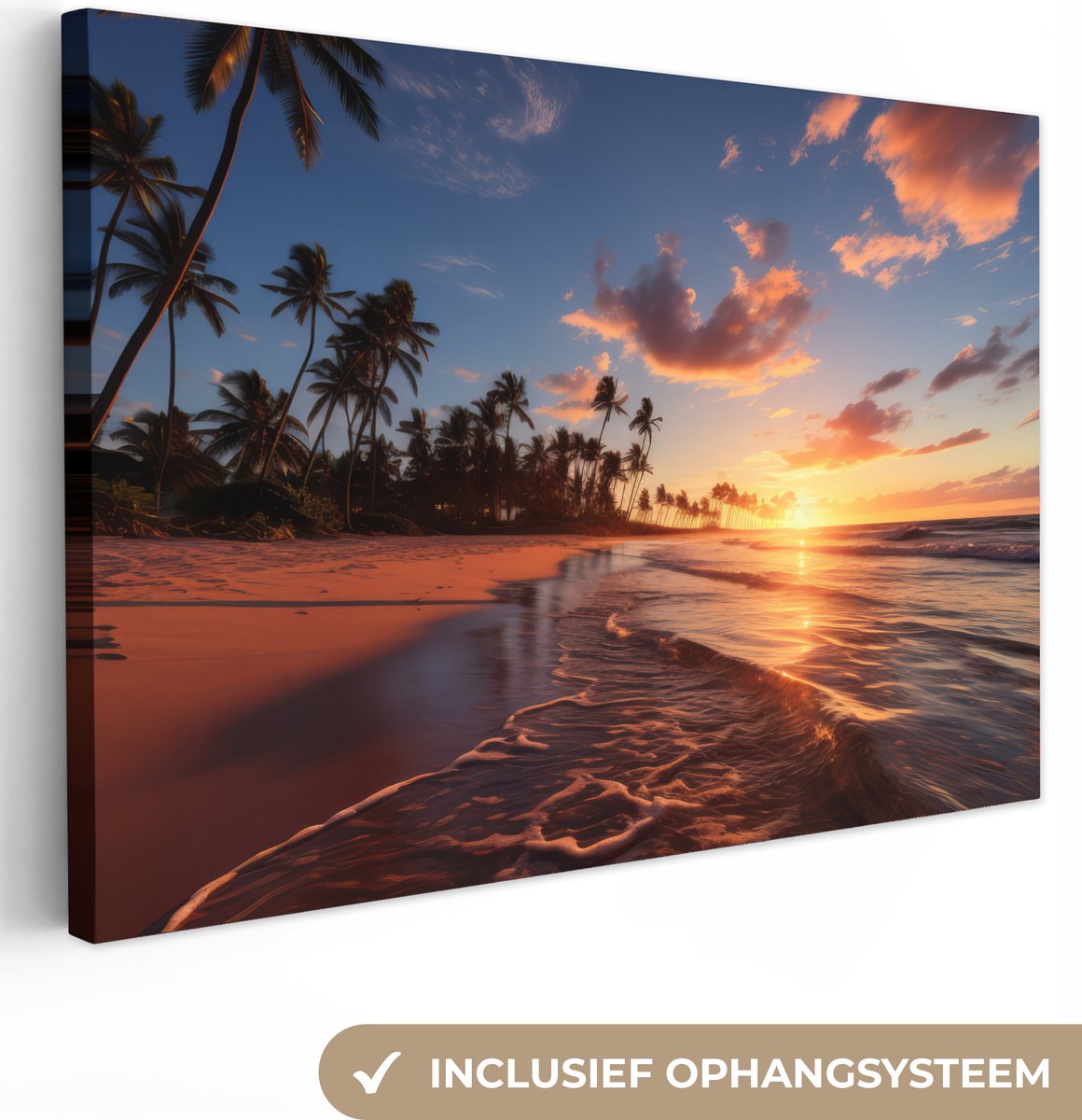 Canvas Schilderij 120x80 cm - Zonsondergang - Zee - Horizon - Strand - Palmbomen -... | bol