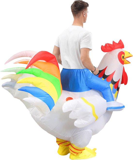 KIMU® Opblaas Kostuum Zittend op Kip Wit Regenboog - Opblaasbaar Pak ...