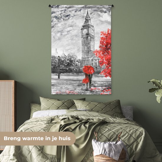 Wandkleed - Wanddoek - Schilderij - Big Ben - Rood - Paraplu - 90x135 ...