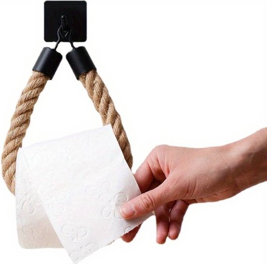 WC Rolhouder - vierkant Zwart - Plakken - Touw - Jute - Hout - Luxe wc ...