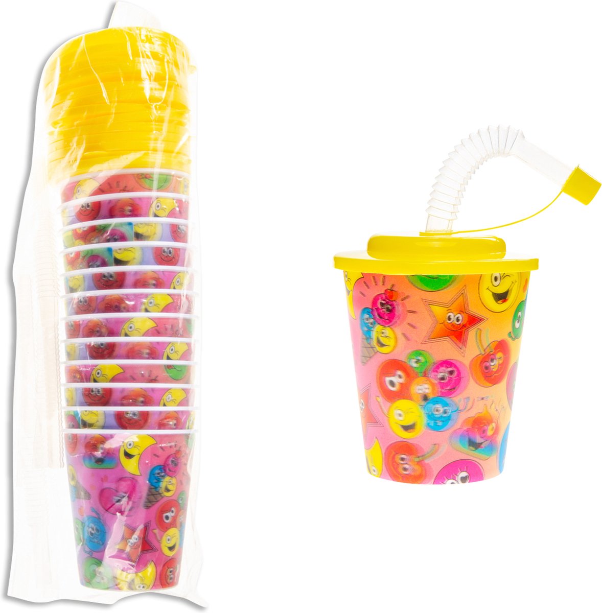12 STUKS VROLIJKE SMILEY 3D Drink Beker met Rietje en Deksel - 250ML ...