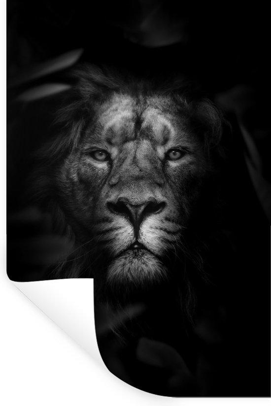 Muurstickers - Sticker Folie - Portret van een leeuw met bladeren in de jungle - zwart... | bol