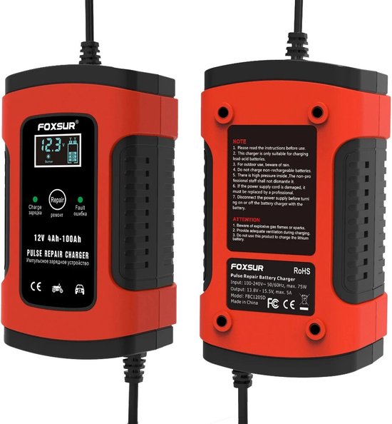Foxsur 12V 5a Auto Acculader Lcd-Display Volautomatische Intelligente ...