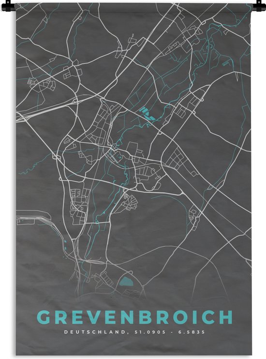 Wandkleed - Wanddoek - Stadskaart – Kaart – Grevenbroich – Blauw ...