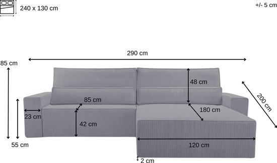 InspireME - Denver L - Hoekbank van corduroy met Slaapfunctie - 297 x ...
