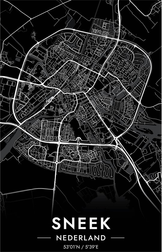 Sneek Poster Zwart | Sneek Map | Kaart van Sneek | Stadposter | 61x91cm ...