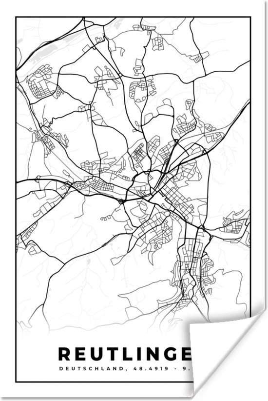 Poster Kaart - Reutlingen - Plattegrond - Stadskaart - 60x90 cm | bol
