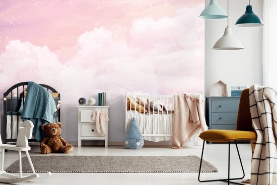 Fotobehang - Wolken - Lucht- Roze/Wit - Kinderkamer - Vliesbehang ...
