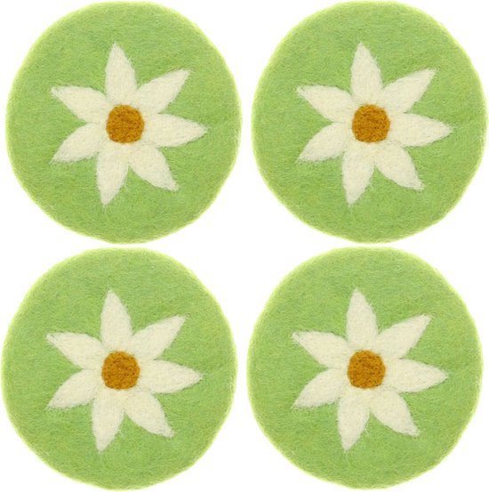 Onderzetters Vilt - Set 4 stuks - Groen met Witte Margriet - 10 cm ...